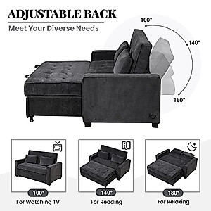 YUNLife&Home 65.7" Convertible Pull Out Sleeper Sofa Bed,Adjustable Loveseat Armchair Single Couch Chair with USB Port 2 Pillows for Living Room Apartment Small Space Furniture Set, Black