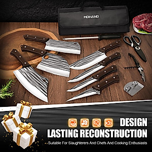 MDHAND 14PCS Professional Butcher Knife Set with Bag, Hand Forged High Carbon Steel Meat Cleaver Knife Set, Serbian Chef Knife Viking Boning with Sheaths for Kitchen Outdoor BBQ Camping