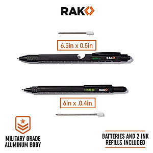RAK Multi-Tool 2Pc Pen Set - LED Light, Touchscreen Stylus, Ruler, Level, Bottle Opener, Phillips Screwdriver, Flathead, and Ballpoint Pen