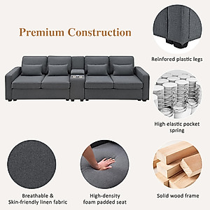 Tmsan 114.2" Modular Sectional Sofa Couch for Living Room Apartment, Modern Linen Upholstered Couch with 2 Cup Holders & 2 USB Charging Ports & 4 Pillows & 3 Storage Pockets, 4-Seat (Dark Grey)