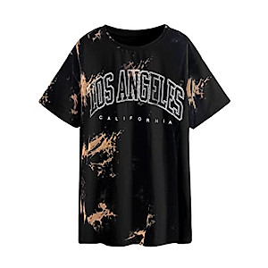 Avanova Women's Letter Print Oversized Short Sleeve Tee Crewneck Casual Loose Fit T Shirt Tie Dye Brown X-Large