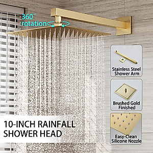 Holispa Gold Shower System, Shower Faucet Set with 10-Inch Rain Shower Head and Handheld, Wall Mounted High Pressure Shower Head Set, Shower Combo Set with Shower Valve and Shower Trim, Brushed Gold