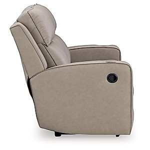 Signature Design by Ashley Lavenhorne Contemporary Faux Leather Manual Reclining Sofa with Drop Down Table, Cup Holders and USB Ports, Beige