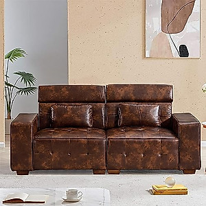 Oprisen 82”Modern Loveseat Sofa Couch for Livingroom Comfy PU Leather Loveseat Couch w/Adjust Headrest, Tufted Button Deep Seat Futon Set w/Wide Arm/Pillows for Apartment (PU-Brown)
