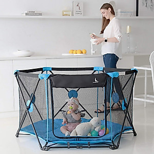LuckyDove Portable Playpen for Innfants and Toddlers,Portable Play Yard for Baby with Padded Floor,Kids Activity Centre,Baby PlayPen with Carrying Bag,Washable,Foldable.Size:53"Wx 30"H(Blue)
