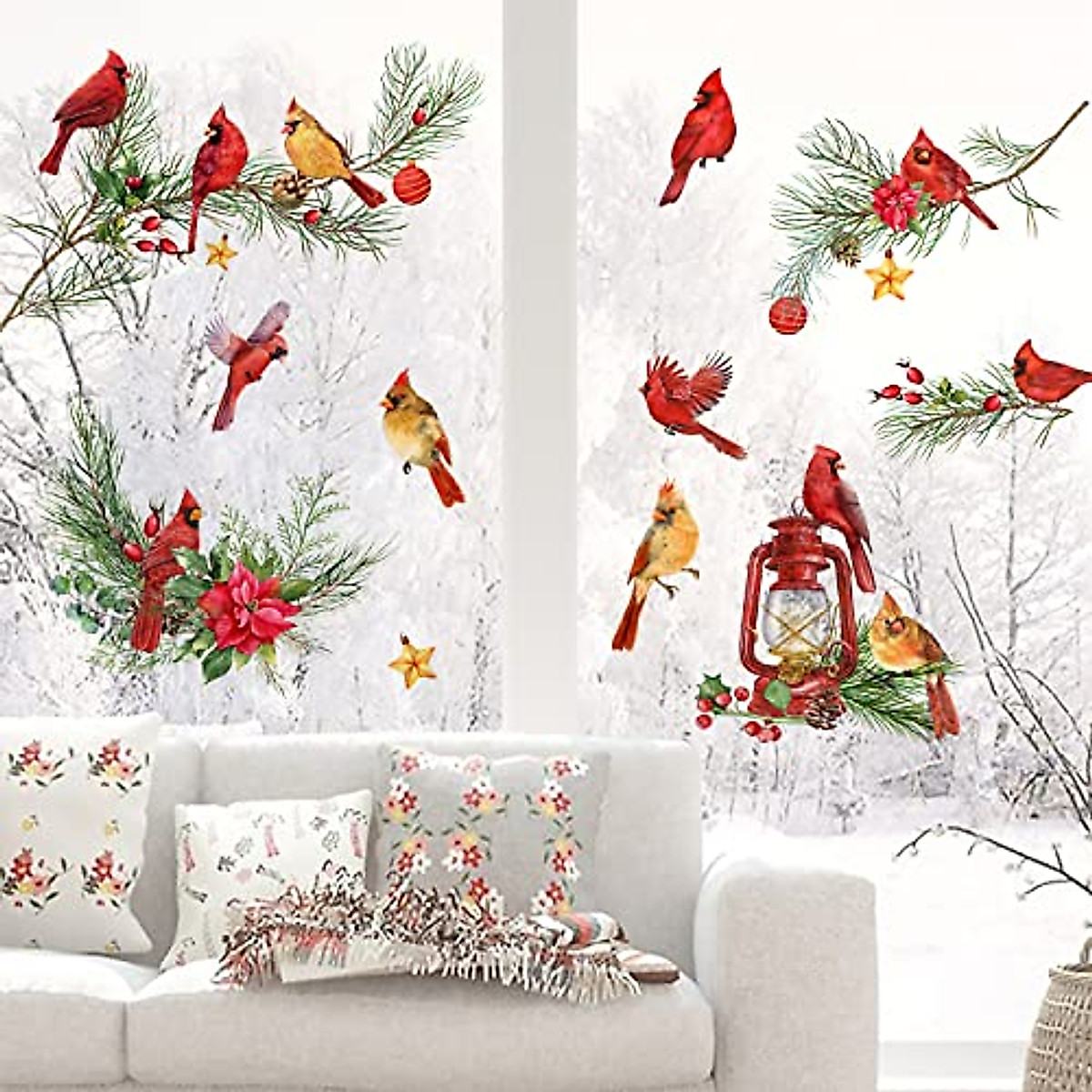 Mfault Winter Cardinals Window Clings 9 Sheets, Christmas Red Birds Glass Stickers Decal Poinsettia Pine Cone Bedroom Decorations, Xmas Kerosene Lamp Tree Branches Home Kitchen Living Room Decor