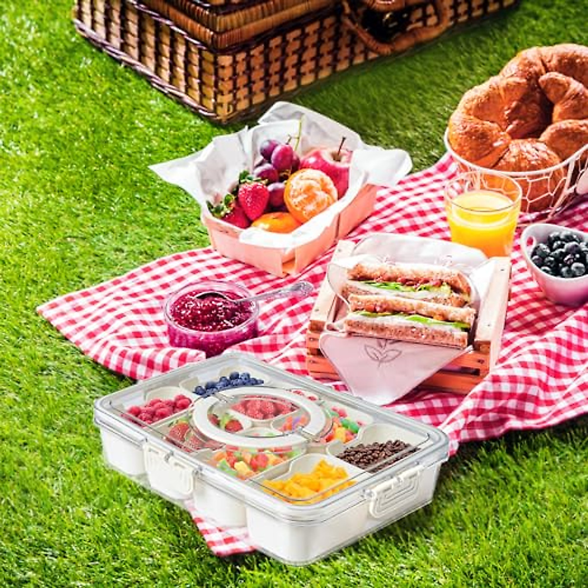 YouLike Divided Snackle Box 2Pack Charcuterie Container With Handles And Lids 8 Compartment Fruit Serving Tray for Veggie Appetizer Platter for Fridge Stackable Food Storage Box