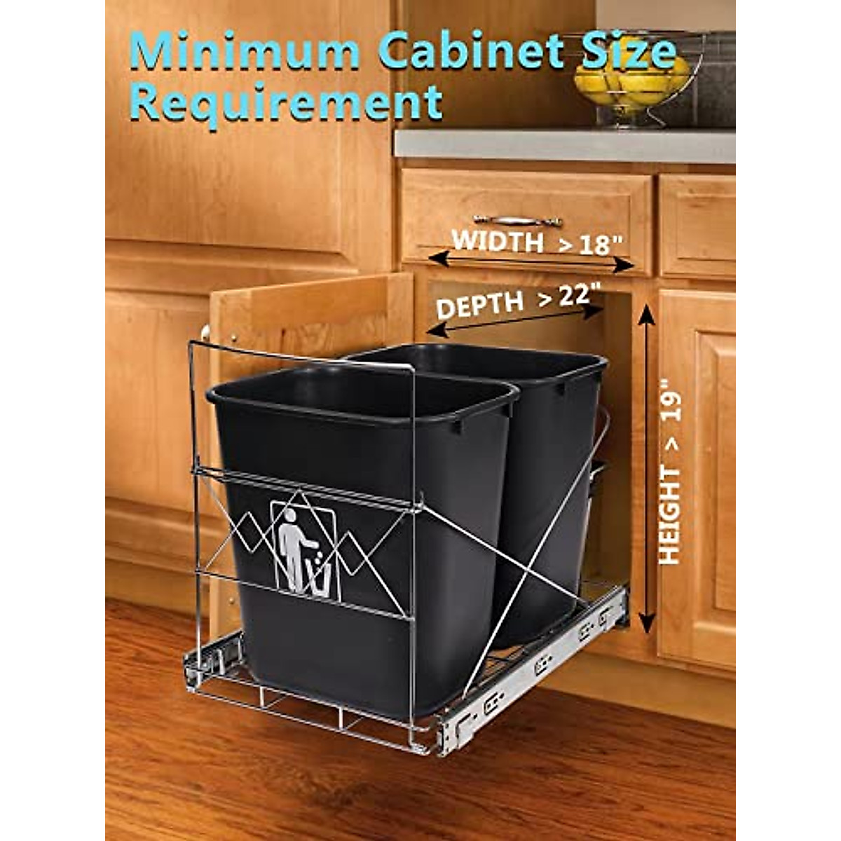 Double 35-Quart Pull-Out Trash Can Under Cabinet, Sliding Cabinet Trash Can Pull Out Kit for 18-Inch Wide Cabinets, Slide-Out Dual Trash Can Rack for Kitchen Cabinets, Garbage Can Not Included