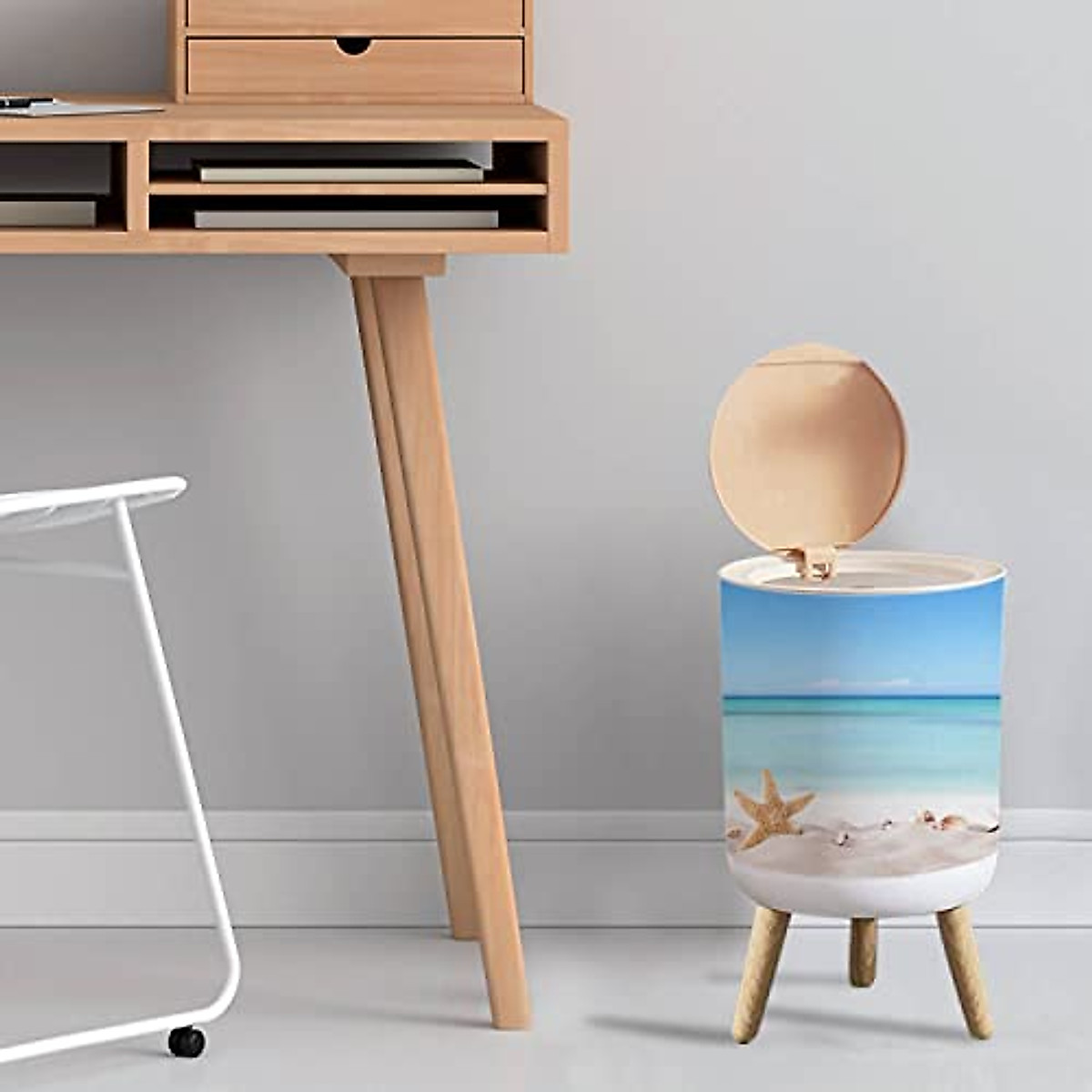 Small Trash Can with Lid Summer Beach with strafish and Shells 7 Liter Round Garbage Can Elasticity Press Cover Lid Wastebasket for Kitchen Bathroom Office 1.8 Gallon