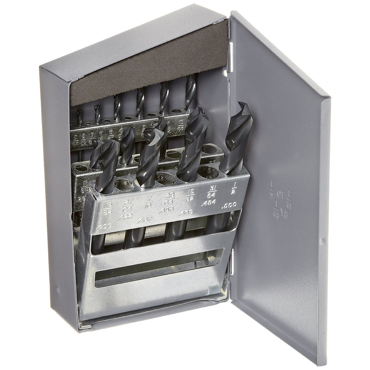 Chicago Latrobe 159 Series High-Speed Steel Short Length Drill Bit Set In Metal Case, Black Oxide Finish, 135 Degree Split Point, Inch, 15-piece, 1/16" - 1/2" in 1/32" increments