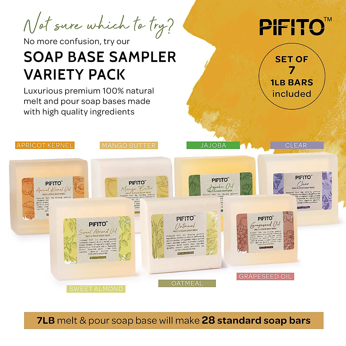 Pifito Melt and Pour Soap Base Sampler (7 lbs) │ Jojoba Oil, Sweet Almond Oil, Mango Butter, Apricot Kernel Oil, Grapeseed Oil, Oatmeal, Clear (1lb ea) │ Glycerin Soap Making Supplies
