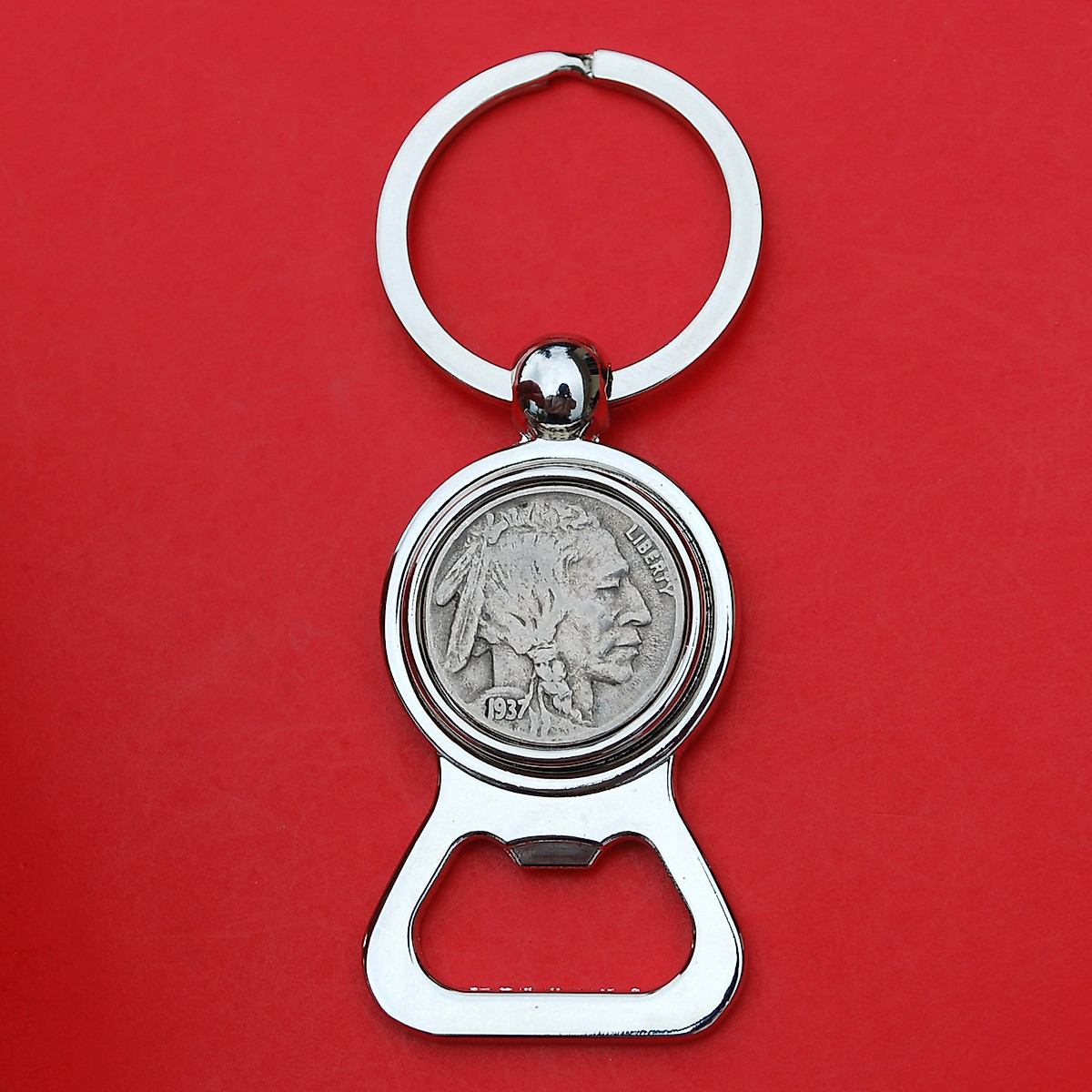 US 1937 Indian Head Buffalo Nickel 5 Cent Coin Silver Tone Key Chain Ring Bottle Opener NEW