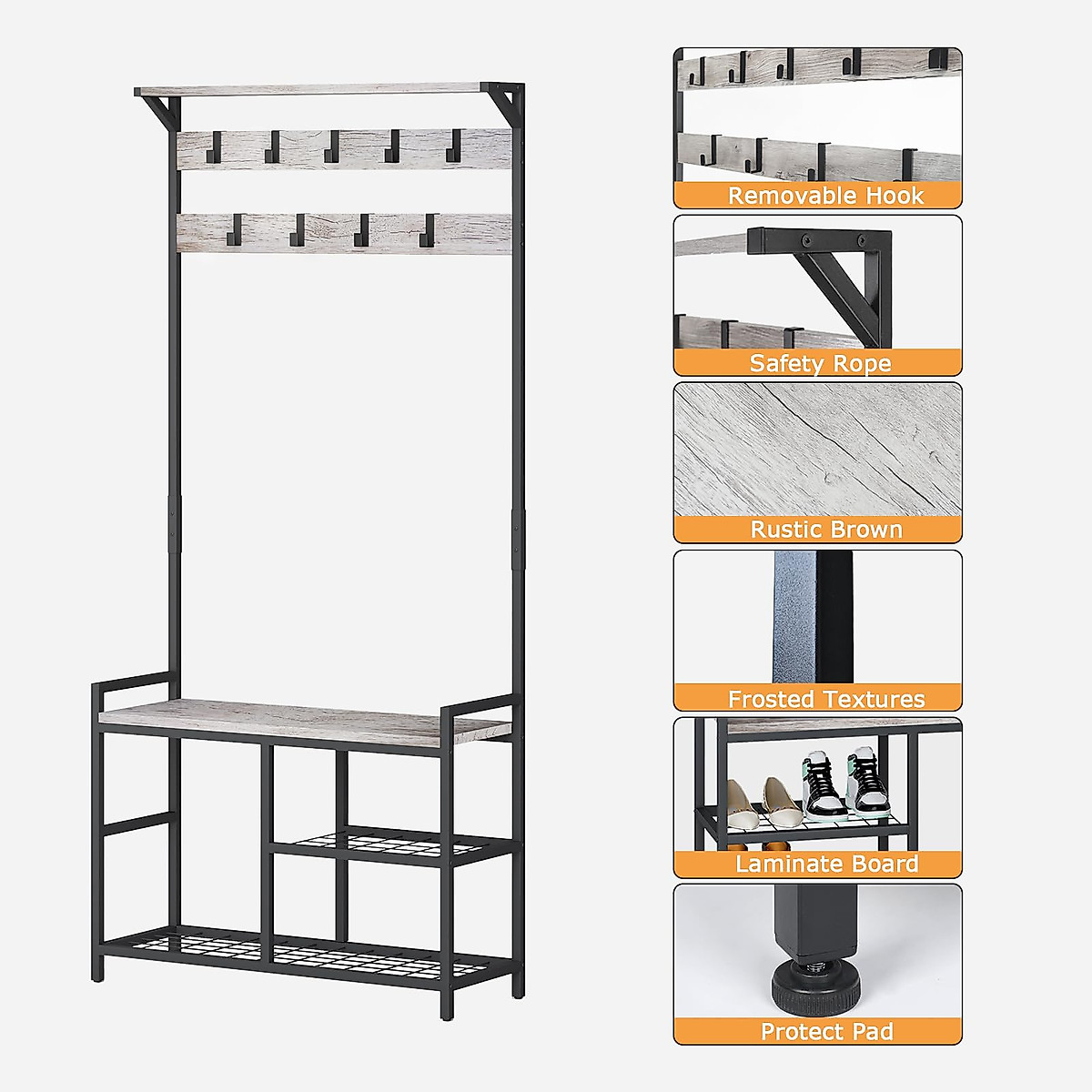 HOMEKOKO Coat Rack Shoe Bench, Hall Tree Entryway Storage Bench, Wood Look Accent Furniture with Metal Frame, 3-in-1 Design (Black & Greige)