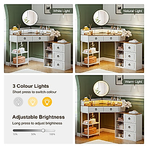 Lvifur Corner Vanity Desk with Mirror and Lights,White Corner Makeup Vanity with Charging Station, 3 Color Led Light Settings, 5 Drawers, and Open Shelves for Bedroom, Women, and Girls