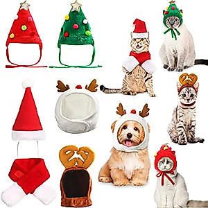 6 PCS Cat Christmas Outfit Cat Santa Hat with Scarf Cute Christmas Elk Antler Reindeer Cat Hat Green Santa Dog Hat Christmas Pet Costume Adjustable Puppy Dog Cap for Cat Costumes Xmas Party Supplies