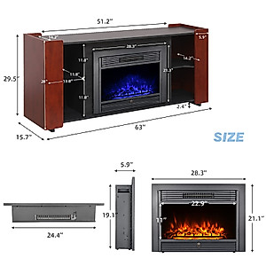 EROMMY 63'' Fireplace TV Stand with 28'' Electric Fireplace Insert, Entertainment Center with 3 Colors Flame Fireplace Heater, TV Console for TVs up to 70'' for Living Room, Bedroom, Office, Cherry