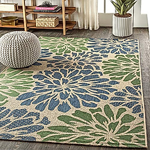 JONATHAN Y SMB110B-4 Zinnia Modern Floral Textured Weave Indoor Outdoor Area-Rug Bohemian Coastal Easy-Cleaning Bedroom Kitchen Backyard Patio Non Shedding, 4 X 6, Navy/Green