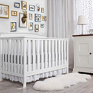 TILLYOU Ruffled Crib Skirt with Pompoms, Microfiber Nursery Crib Toddler Bedding Skirts for Baby Boys Girls, 14'' Drop, White