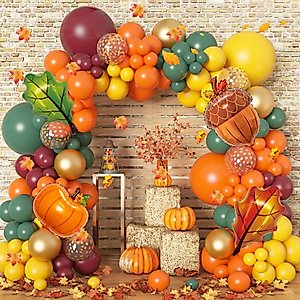 187Pcs Thanksgiving Balloons Garland Arch Kit, Thanksgiving Party Decorations Orange Yellow Burgundy Green Balloon Maple Leaves for Birthday Friendsgiving Little Pumpkin Baby Shower Party Supplies