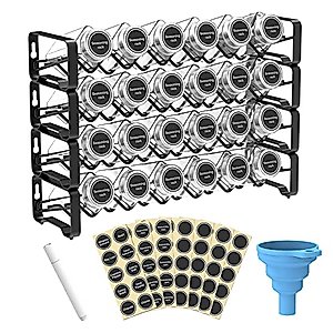 Auledio 4-Tier Stackable Spice Rack with 24 Glass, Seasoning Bottle Organizer with 80 Labels with Chalk Marker and Funnel Complete Set for Countertop, Cabinet or Wall Mount