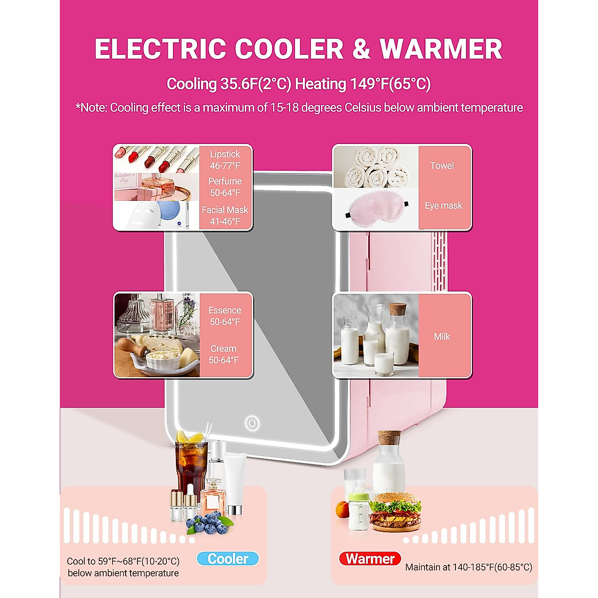 NISHCON Skincare Fridge with Dimmable LED Light Mirror, 4L/6Can Cooler Warmer Mini Fridge for Skin care Cosmetic Makeup Beauty, Portable Mini Skincare Fridge for Bedroom Dorm Office Rv and Car, Pink