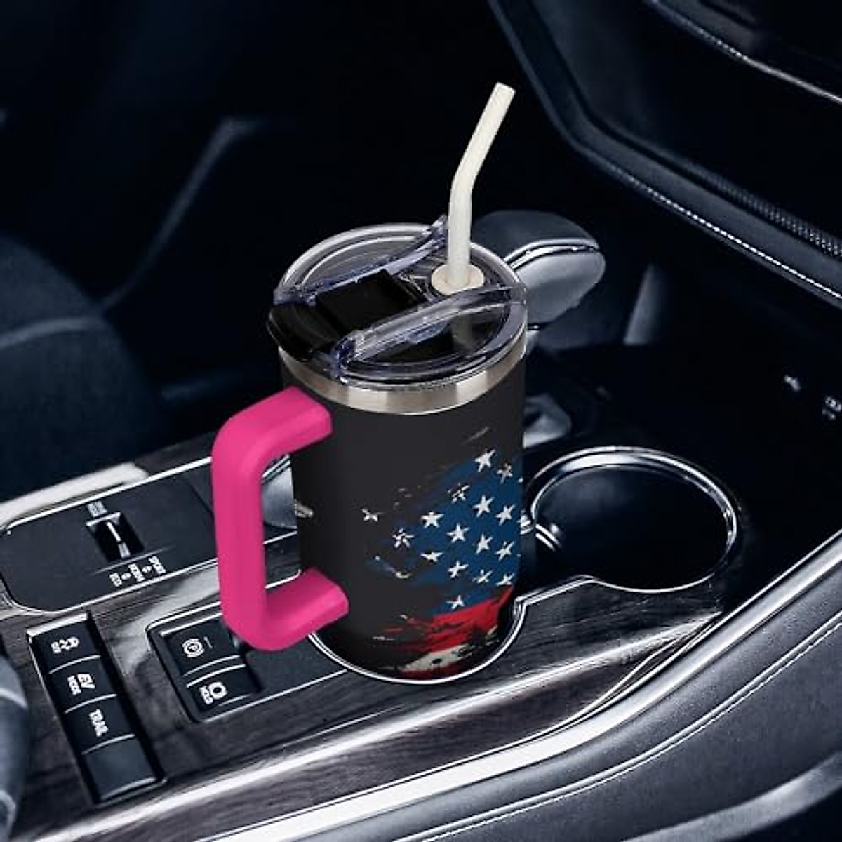 Bigfoot And American Flag Insulated Tumbler with Lid And Straw Stainless Steel Travel Coffee Mug 40oz Light Rose Red-style