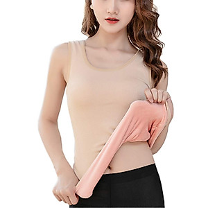 Flenwgo Womens Cotton Thermal Fleece Lined Underwear Tops Cami Tank Top Warm Base Layer Vest Khaki L/(Fit 120~145 lb)