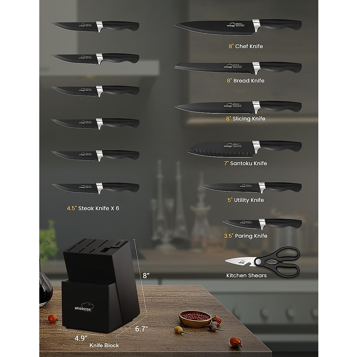 Knife Set, Amorston 15 Pieces Knife Sets for Kitchen with Block, Dishwasher Safe Kitchen Knife Set with Built in Sharpener Block, German Stainless Steel Knife Block Set, Black