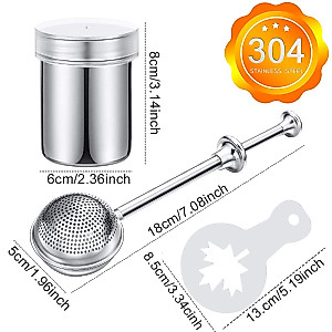 4 Pcs Flour Dusting Wand for Baking Kitchen, Powdered Sugar Flour Duster Dispenser Shaker for Sugar, Flour and Spices, Pick Up and Dust Flour Sifter, 18/8 Stainless Steel, Printing Molds Stencils