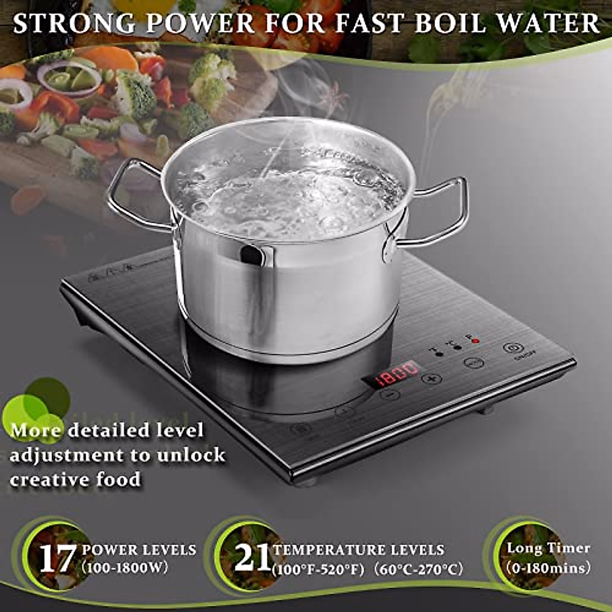 Portable Induction Cooktop, KXITGSIMRE 1800W Electric Induction Burner Cooktop with Child Safty Lock, 17 Power Levels 21 Temperature Setting, 3 Hours Timer
