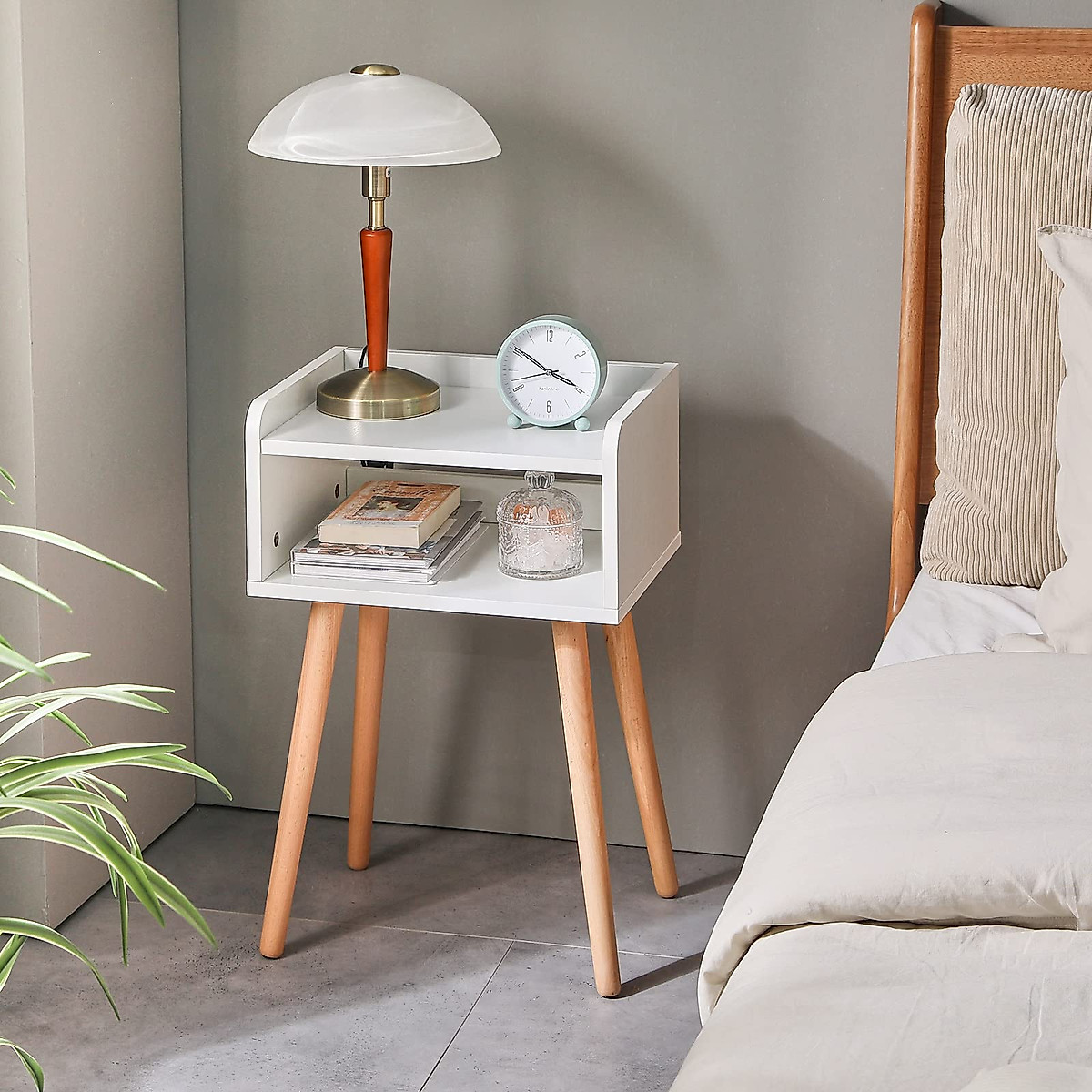IBUYKE Nightstand, Mid-Century Modern Bedside Table with Solid Wood Legs, Minimalist and Practical End Side Table with Open Storage Shelf, Easy Assembly, White UWNS003W
