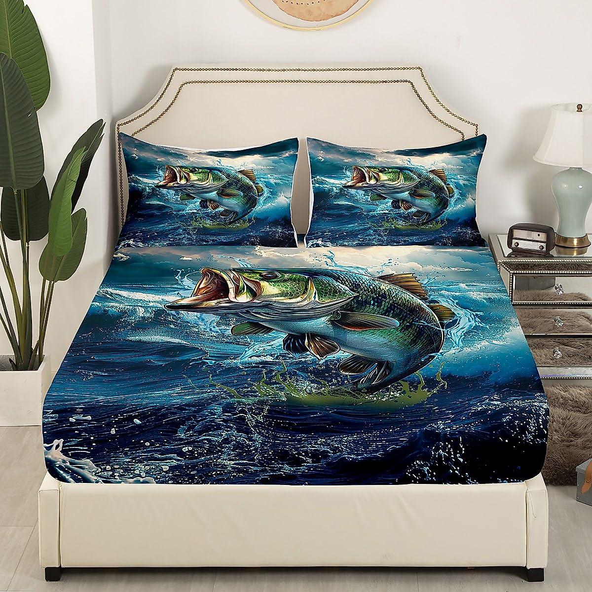 Feelyou Pike Fish Bed Sheet Set Twin Size Bass Big Fish Fitted Sheet for Kids Boys Girls Decor Fishing and Hunting Bedding Set Ocean Theme Bed Cover Deep Pocket