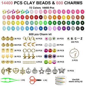 Redtwo 72 Colors 15000pcs Clay Beads Bracelet Making Kit, Flat Round Polymer Heishi Beads for Jewelry Making with Letter Beads and Elastic Strings, Crafts Gift for Girls Ages 6-12(3 Boxes)