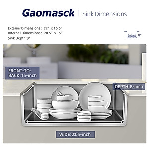 Gaomasck Kitchen Sink,22 In Undermount Kitchen Sinks,16 Gauge Single Bowl Stainless Steel Sink,Handmade for Kitchen Sink,Sink for Kitchen,22 x 16.5 Inch