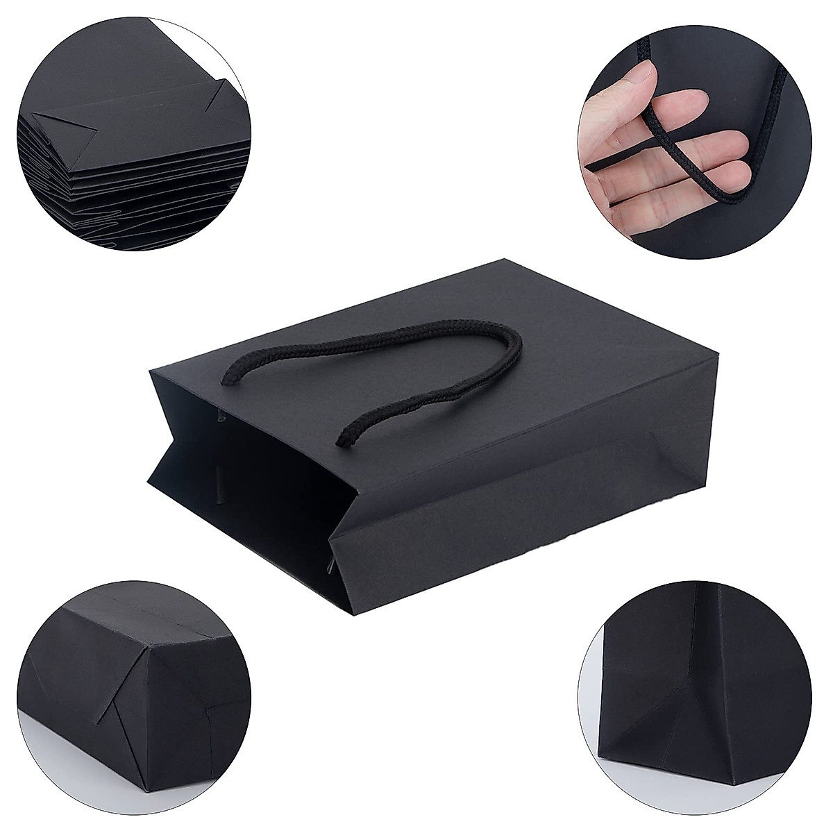 Katfort Mini Small Black Paper Gift Bags 50 Pack, 5.1x2.4x7.5inch Small Black Gift Bags Bulk with Cotton Handle, Small Size Matte Black Bags for Gifts Kraft Paper Bag