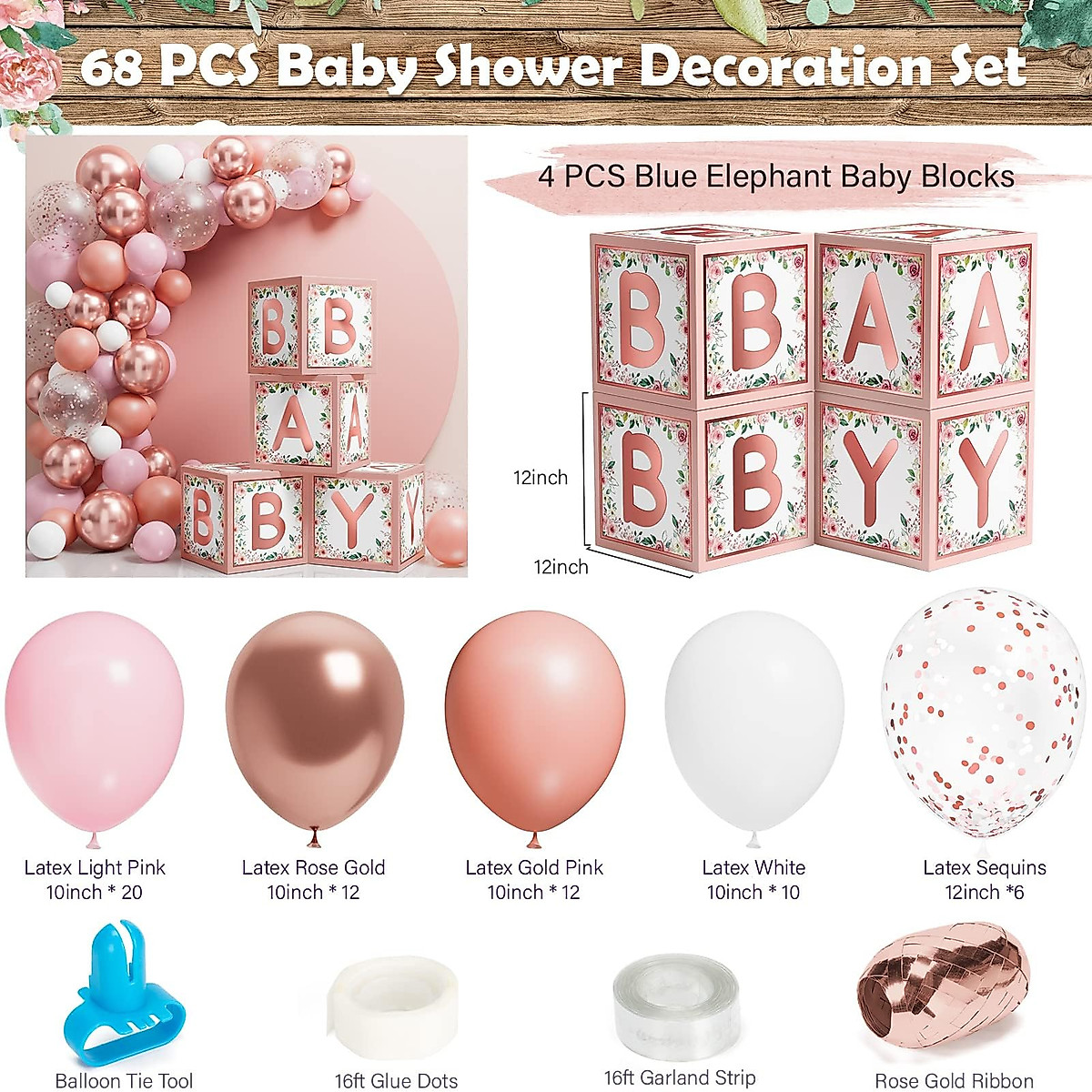 Ecomore Baby Shower Decorations for Girl - 245 PCS Gender Reveal Party Supplies Disposable Dinnerware with Rose Gold Floral Paper Plate Napkin Cutlery Tablecloth Backdrop Baby Boxs Balloon Garland Kit