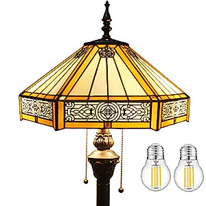 WERFACTORY Tiffany Floor Lamp Yellow Hexagon Stained Glass Mission Standing Reading Light 16X16X64 Inches Antique Pole Corner Lamp Decor Bedroom Living Room Home Office S011 Series