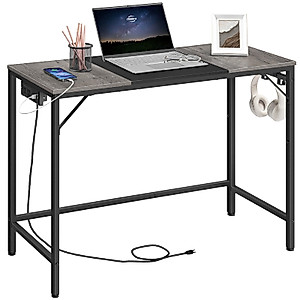 HOOBRO Computer Desk, Home Office Desk with Power Outlet, Modern Study Writing Desk with 3 Hooks for Study Room, Home Office, Sturdy and Stable, Easy to Assemble, Charcoal Gray and Black BC41UDN01