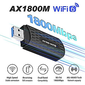 WiFi 6 Adapter,WiFi Dongle for Desktop PC,WiFi Dongle,USB WiFi 6E Adapter,AX1800Mbps,USB3.0 Dual Band 2.4GHz/574Mbps & 5GHz/1201Mbps High Speed,Support Win 10/11