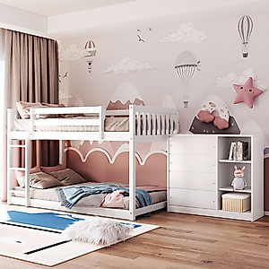Harper & Bright Designs Twin Over Twin Bunk Bed with Storage, Wood Floor Bunk Beds with 4 Drawers and 3 Shelves, Low Bunk Bed, Twin Loft Bed for Kids, Girls Boys, Teens, Adults (White)