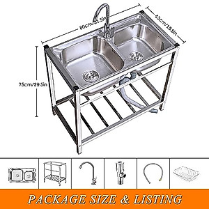 ADASTE Garage Sink Large Double Bowl Sink,Commercial Sink with Drainer Portable Sink with Hot and Cold Water，for Laundry, Backyard, Restaurant