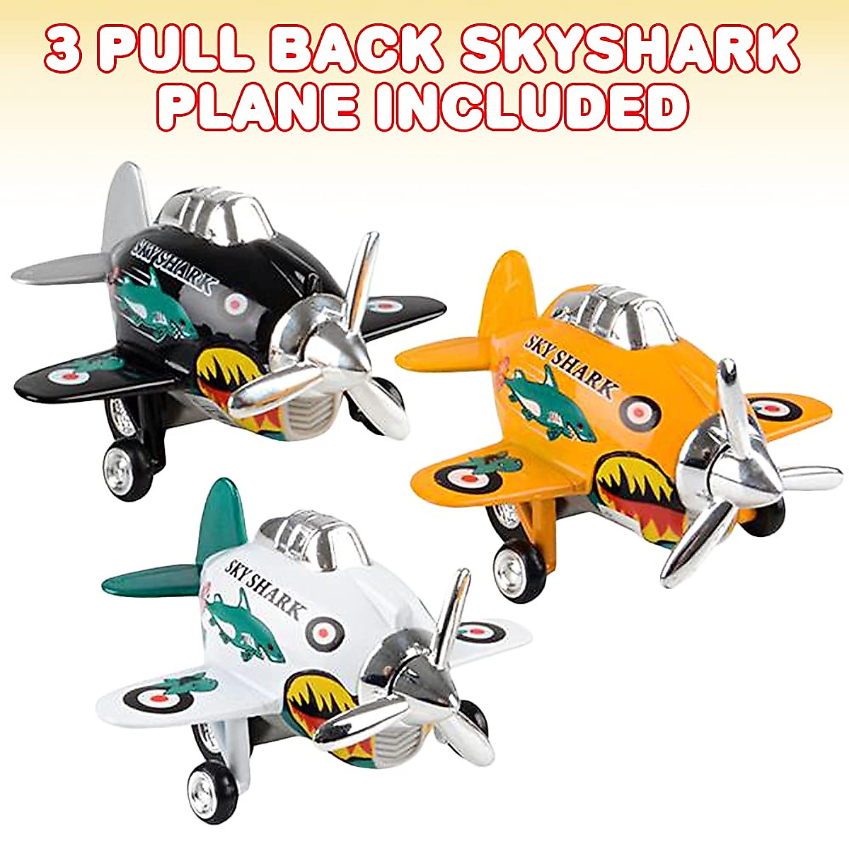 ArtCreativity Diecast Skyshark Planes with Pullback Mechanism, Set of 3, Diecast Metal Jet Plane Toys for Boys, Pull Back Airplane Party Favors, Goodie Bag Fillers for Kids