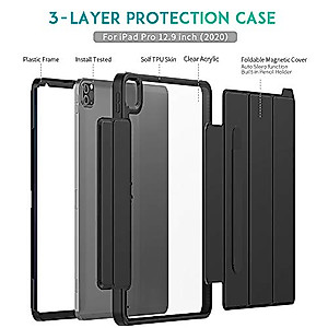 OKUT Smart Case for iPad Pro 12.9" 2020 & 2018,Heavy Duty Protective Cover with Pencil Holder/Tri-Fold Stand/Auto Sleep-Wake/Protector -Black……