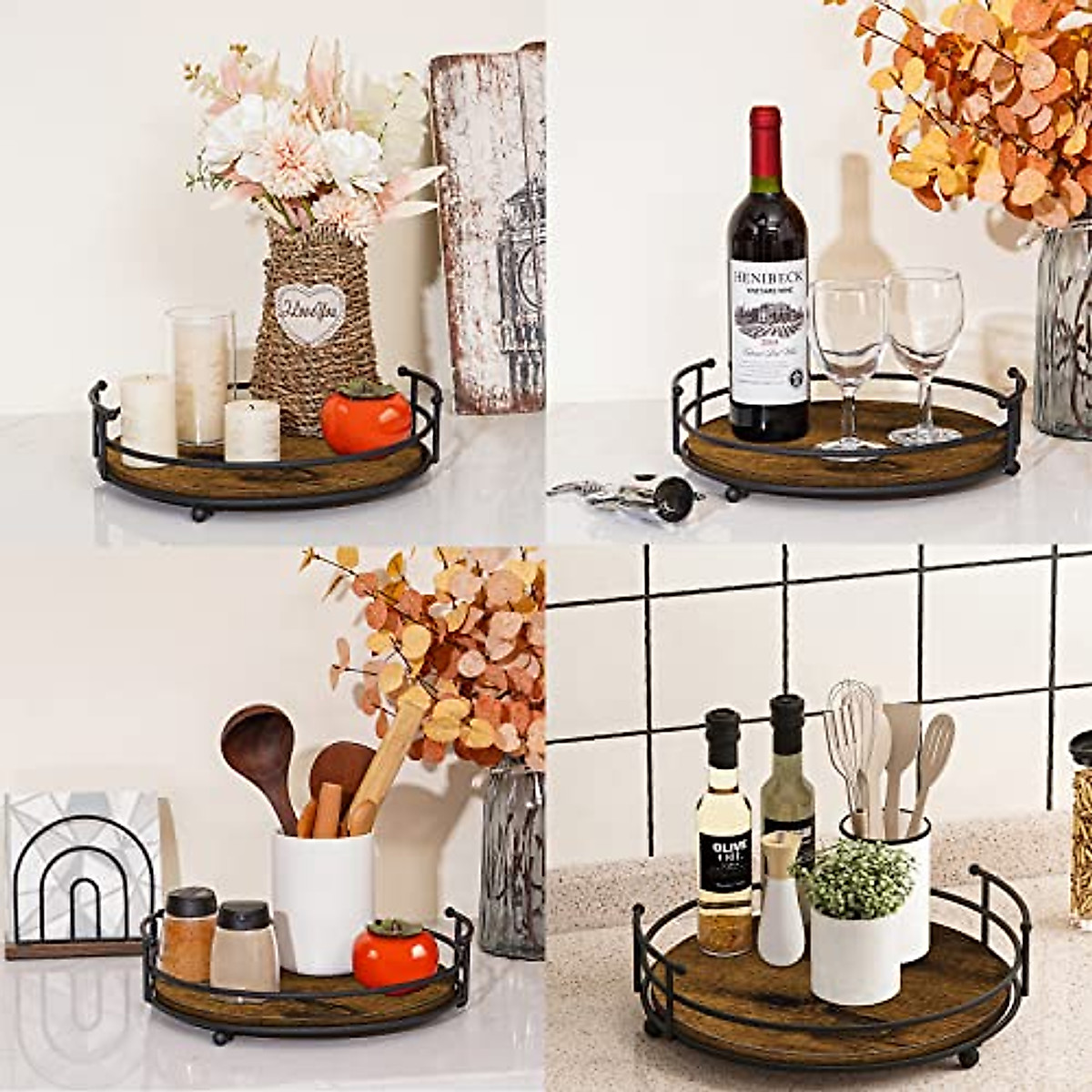 Honiter Wooden Serving Tray, Decorative Tray for for Coffee Table Centerpieces, Coffee Table Tray, Wood and Metal Serving Tray with Handles, Round Tray, Farmhouse Ottoman Tray for Kitchen Countertop