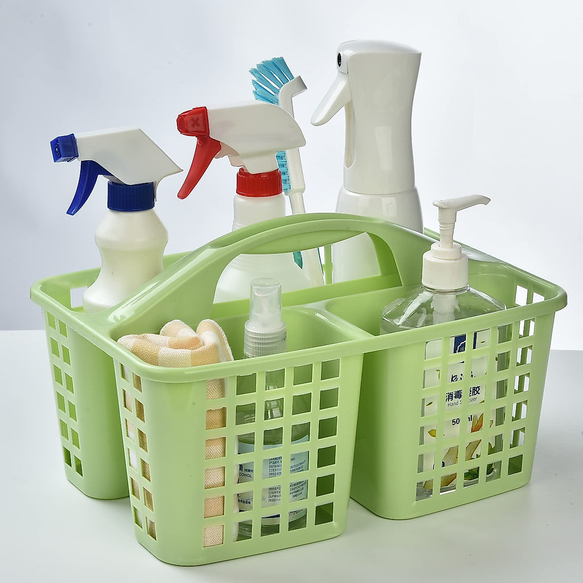 ALINK Plastic Shower Caddy Basket with Compartments, Portable Divided Cleaning Supply Storage Organizer with Handle for College Dorm Bathroom - Green