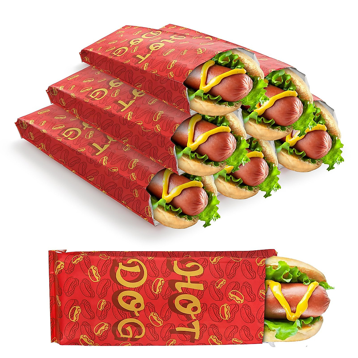 Yarlung 200 Pack Hot Dog Bags Grease-proof Food Wrapper, Warming Aluminum Foil Wrap Paper Sleeves Retain Heat for Popcorn, Sausages, Snack Bars, Food Trucks, Carnival, 9.5x3.5x1.5 Inches