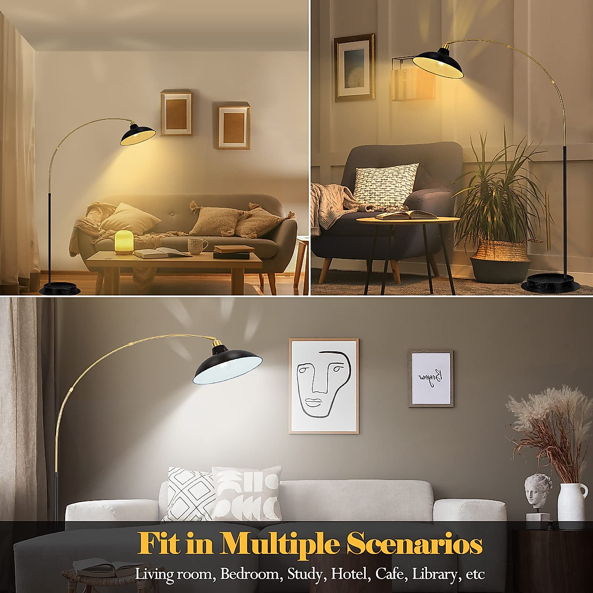 FILIYANO Arc Floor Lamp for Living Room, Marble Base Standing Lamp - Black Gold Floor Lamps with 360° Rotatable Arm, Industrial Tall Lamp Metal Material, Reading Lamp for Bedroom Couch Sofa Desk