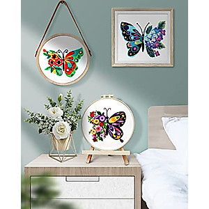 Butterfly Flower Embroidery Stitch Practice kit, 3 Sets Beginners Embroidery Kit for Beginners Include Embroidery Cloth Hoops Threads for Craft Lover Hand Stitch with Embroidery Skill Techniques