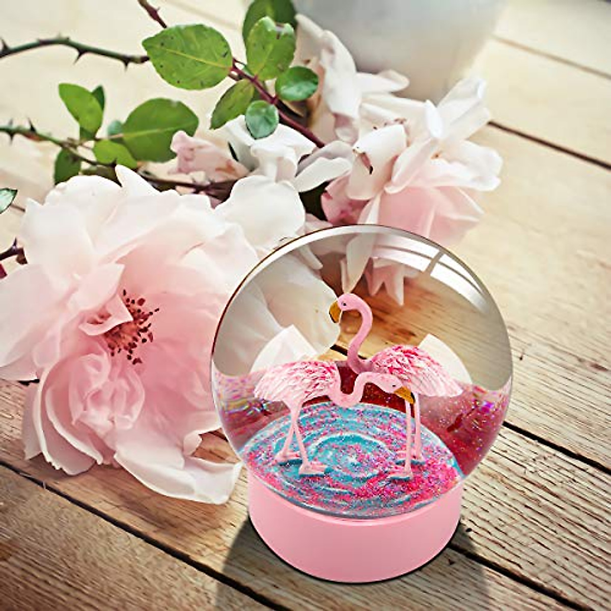 Mingfuxin Snow Globe, Pink Flamingos Snow Globe for Kids, Glitter Glass Snowglobes for Women Girls, Snow Globes Home Office Table Decor Birthday Gift, 100MM Pink Flamingos Valentines Snow Globe