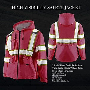 ZUJA High Visibility Bomber Safety Jacket ANSI Class 3 Reflective Jacket Pocket and Zipper Reflective Hoodie Windproof Hi Vis Rain Jacket for Men & Women (Pink, M)